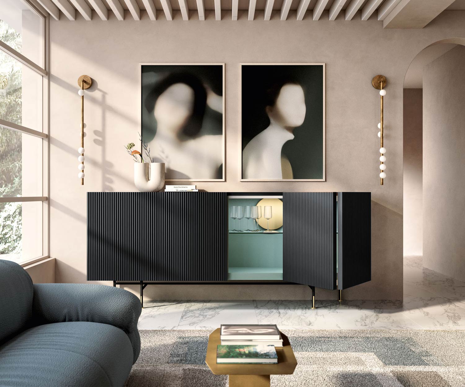 Elegante Loungecke mit hochwertigem Design Sideboard und Loungesofa